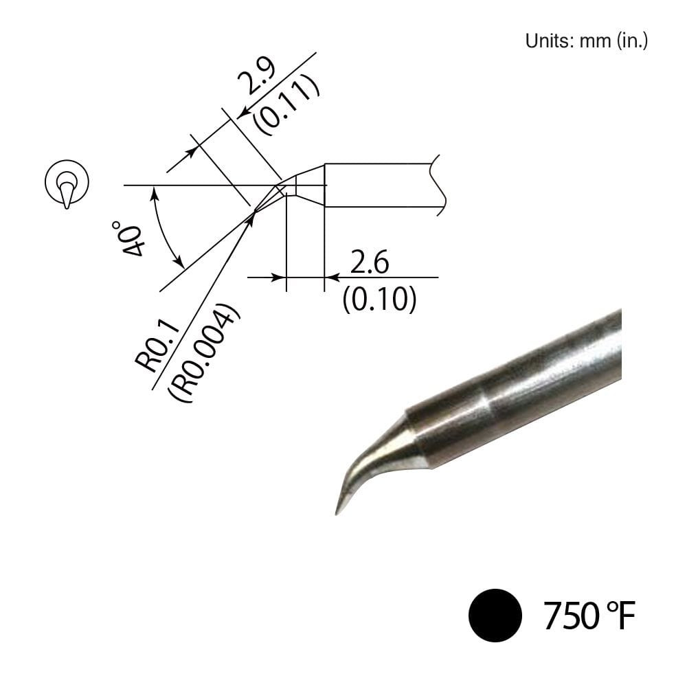 Hakko T35-02J Tip, J Bent, 0.1mm Radius, 40° x 2.9 x 2.6mm, 750°F, FX ...